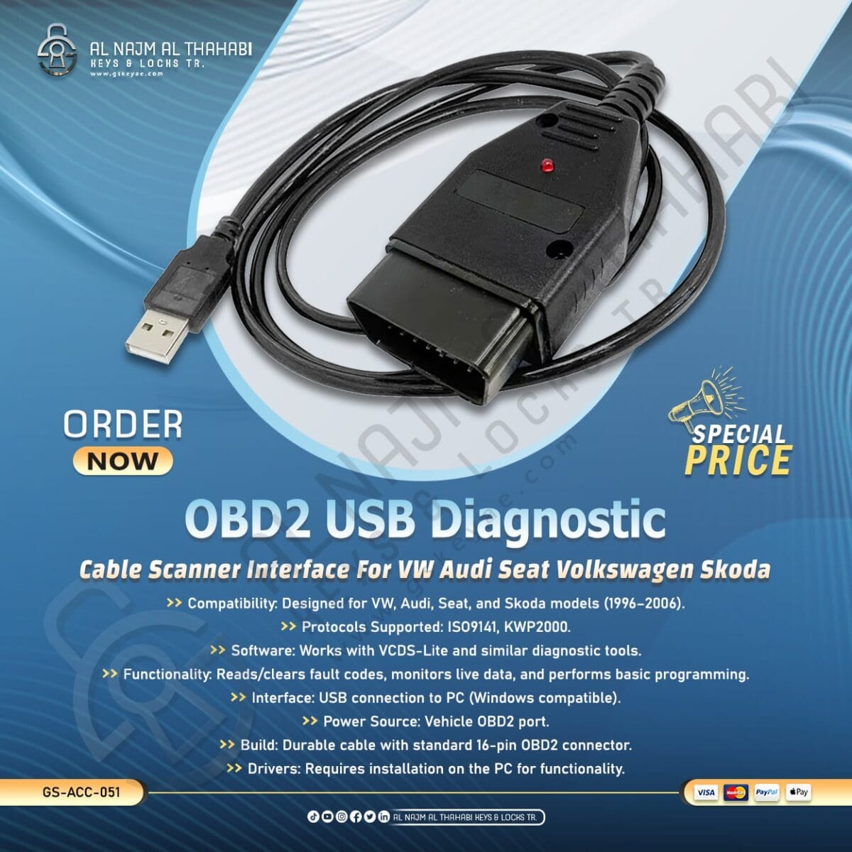 OBD2 USB Diagnostic Cable Scanner Interface For VAG